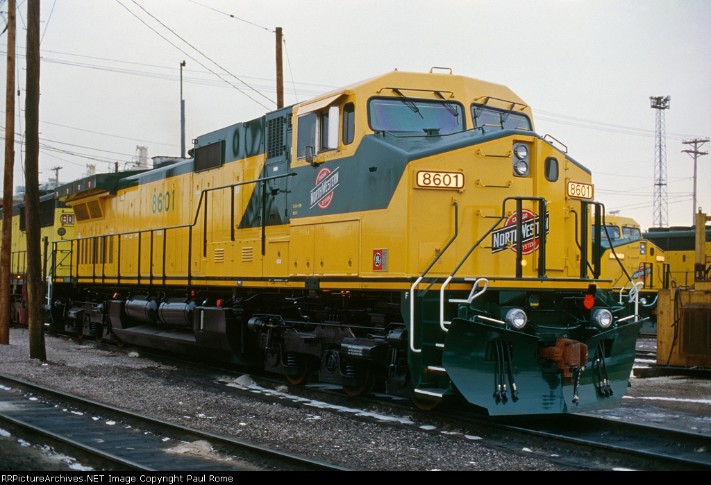 C&NW 8601, GE C44-9W, NEW, first unit in the series just arrived at Proviso Diesel Facility